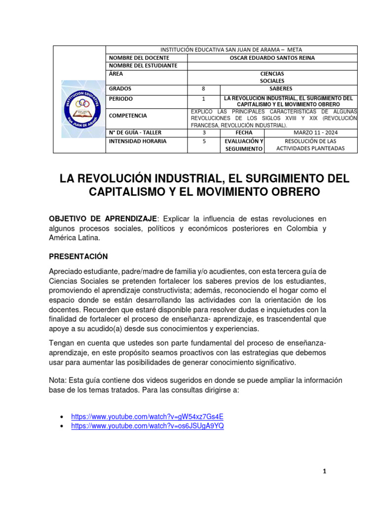 GUÍA 3 LA REVOLUCIÓN INDUSTRIAL, EL SURGIMIENTO DEL CAPITALISMO Y EL ...