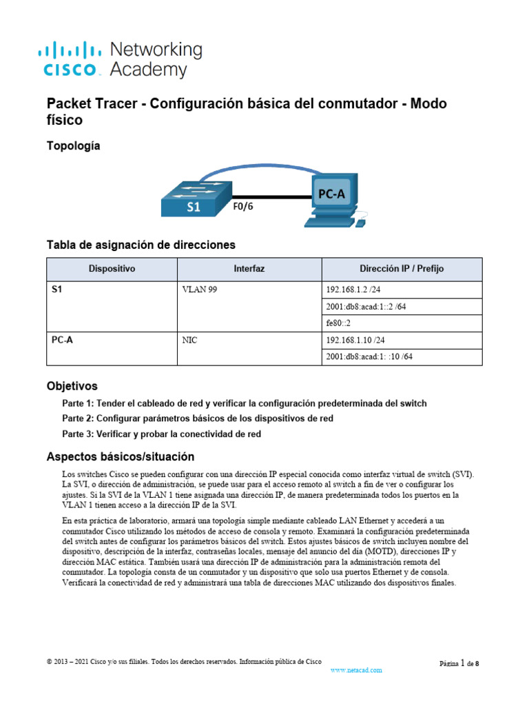 1.1.7-Packet-Tracer - Basic-Switch-Configuration - Physical-Mode - es-XL | PDF | Conmutador de ...