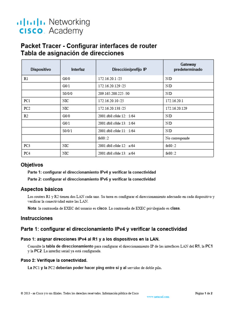 1.4.7-Packet-Tracer - Configure-Router-Interfaces - es-XL | PDF | Dirección IP | Enrutador ...