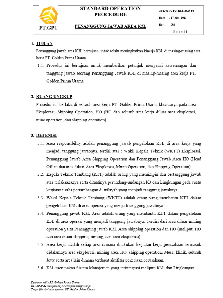 GPU-HSE-SOP-56-R0 Penanggung Jawab Area K3L | PDF