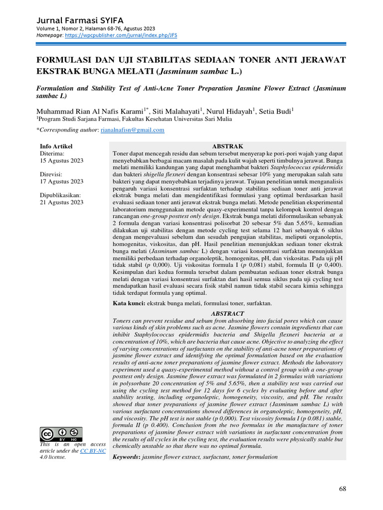 Formulasi Dan Uji Stabilitas Sediaan Toner Anti Jerawat EKSTRAK BUNGA ...