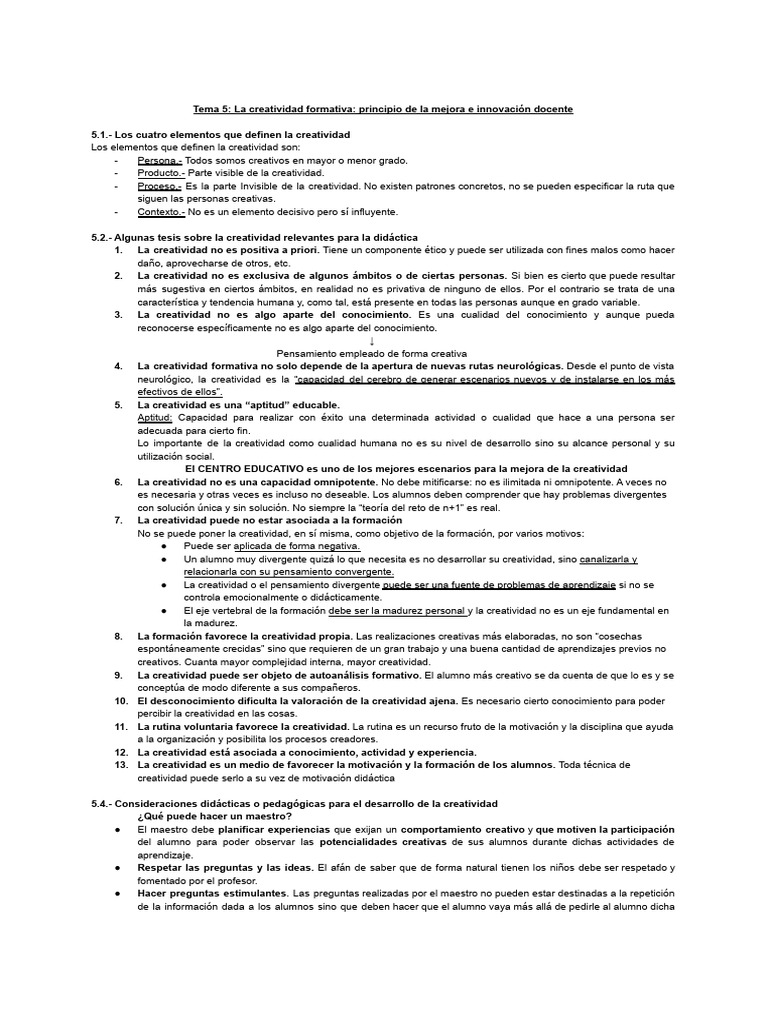 Tema 5 La Creatividad Formativa Principio de La Mejora e Innovación Docente | Descargar gratis ...
