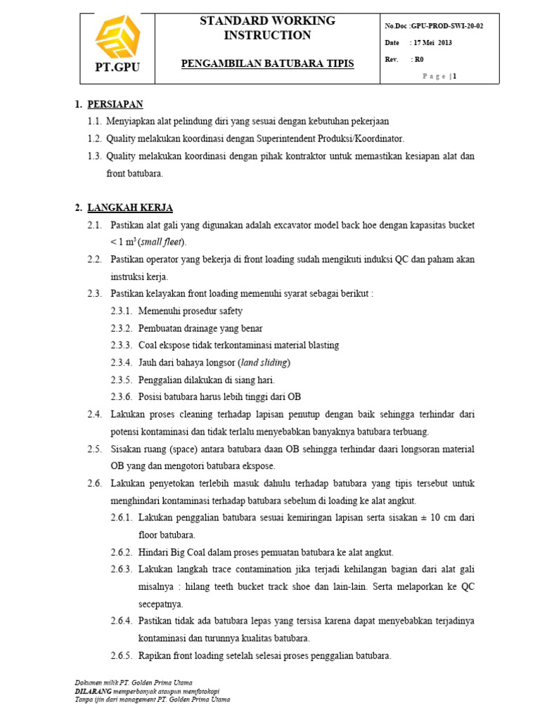 GPU-PROD-SWI-20-02-R0 Pengambilan Batubara Tipis | PDF