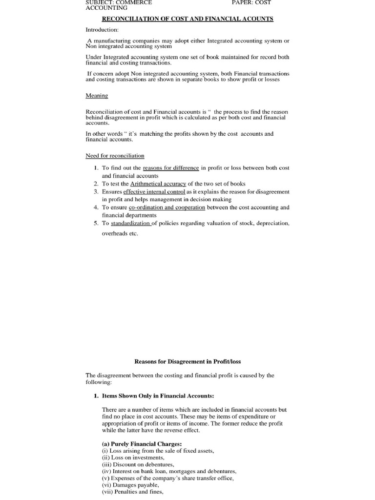 Bcom 3rd sem Reconciliation of cost accounting | PDF