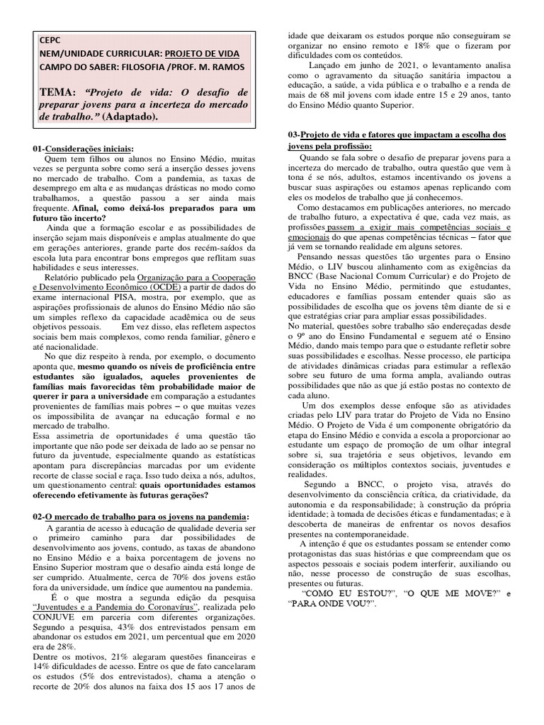 Projeto de Vida e o Mercado de Trabalho 2024 Cepc | PDF | Ciências Sociais