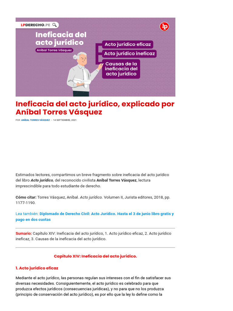 Ineficacia Del Acto Jurídico, Explicado Por Aníbal Torres Vásquez - LP | PDF | Pagos | Justicia
