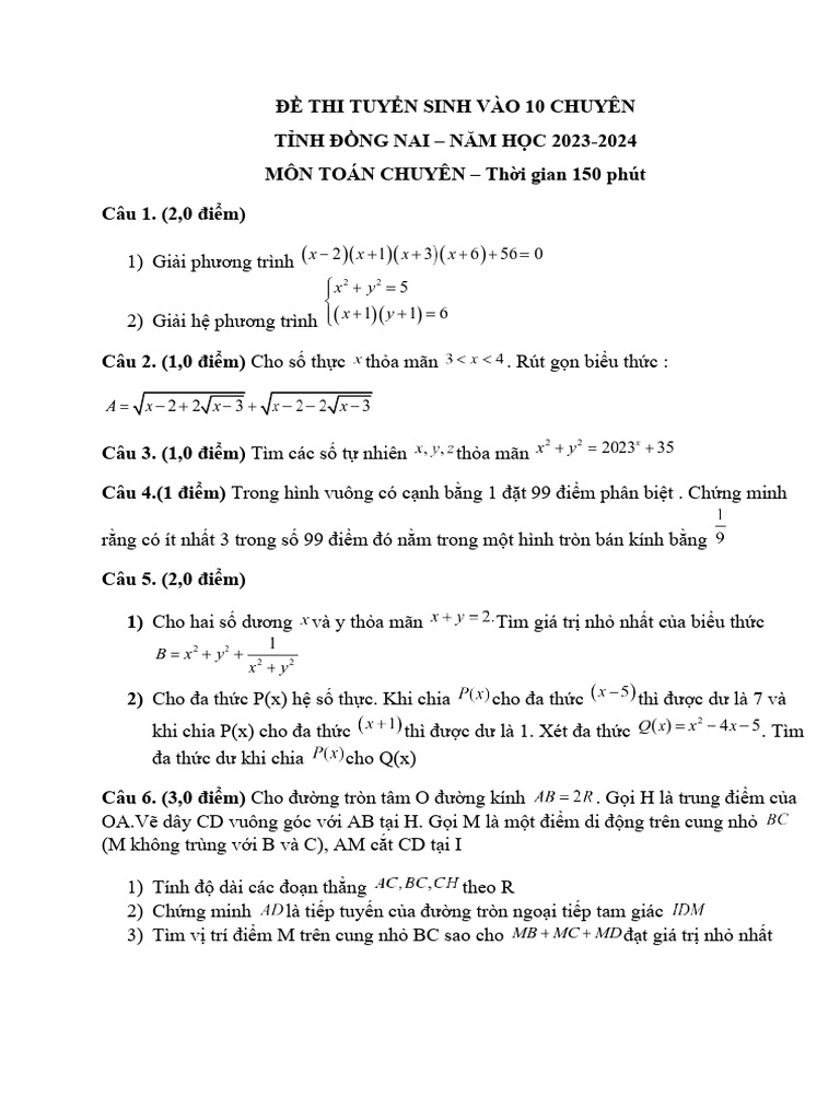 019.10 Chuyên Toán - Đ NG Nai - 23-24 | PDF