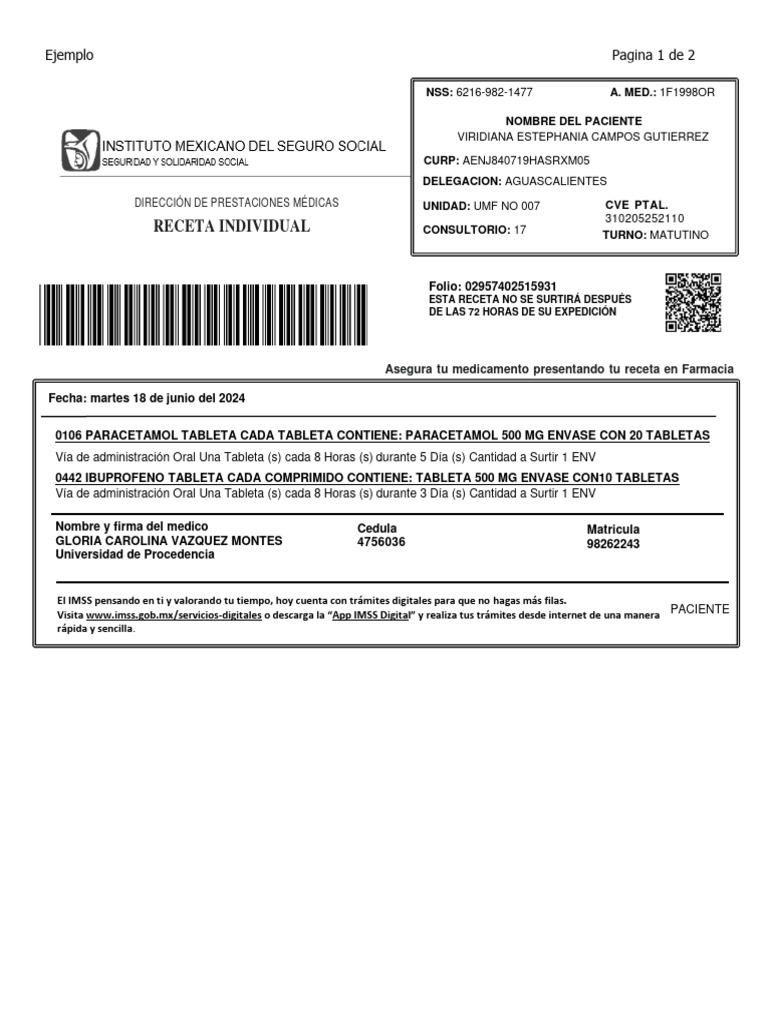 Ejemplo De Receta Médica Imss Pdf