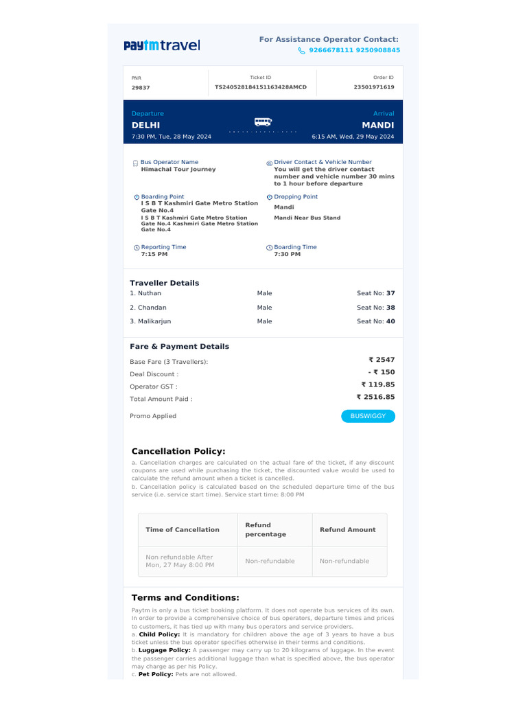 Paytm Bus Eticket | PDF | Bus | Identity Document