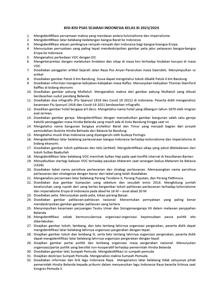 Kisi-Kisi PSAS Sejarah Indonesia Kelas XI 2023-2024 (Siswa) | PDF