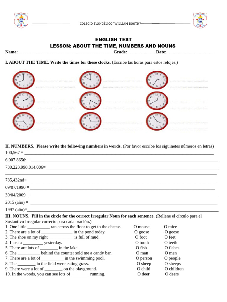 English Test: Time, Numbers, Nouns | PDF | Language Arts & Discipline ...