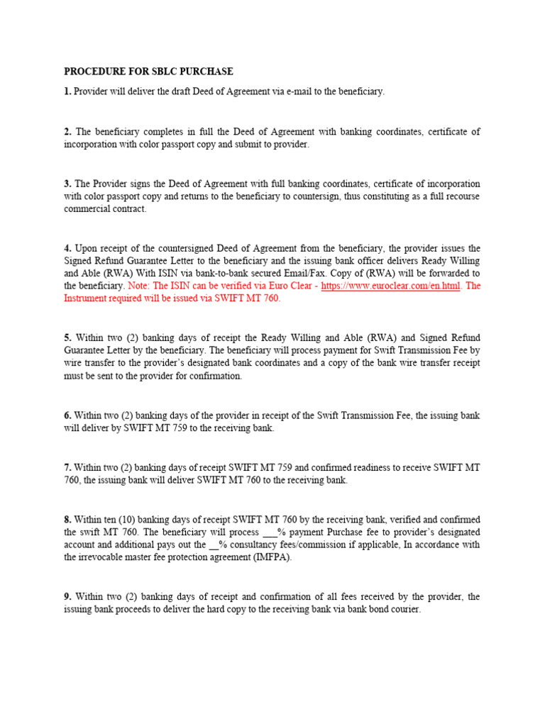 Procedure For SBLC Purchase | PDF