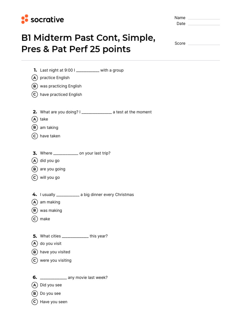 Quiz - B1 Midterm Past Cont, Simple, Pres & Pat Perf 25 Points | PDF