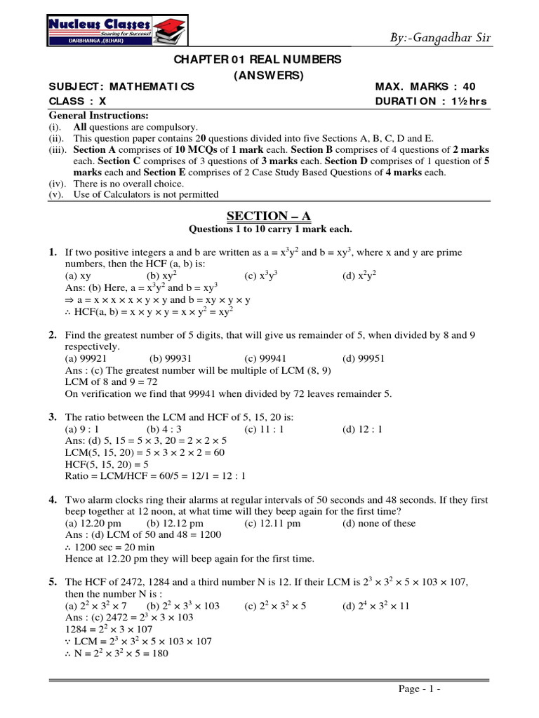 Maths Class X Chapter 01 Real Numbers Practice Paper 01 Answers 3 | PDF ... Maths Class X Chapter 01 Real Numbers Practice Paper 01 Answers 3 | PDF ...