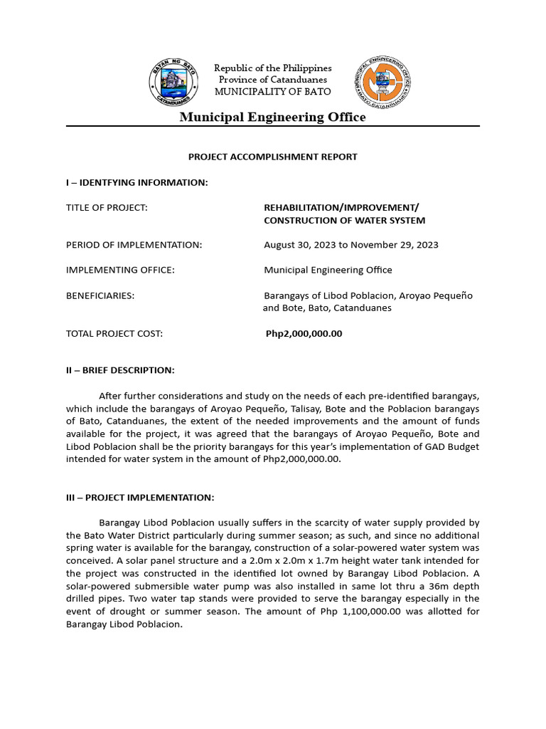 Water System Project Accomplishment Report | PDF | Hydraulic ...