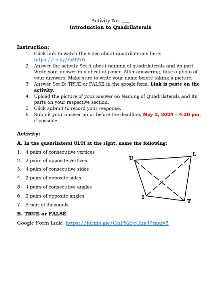 Introduction to Quadrilaterals Activity | PDF
