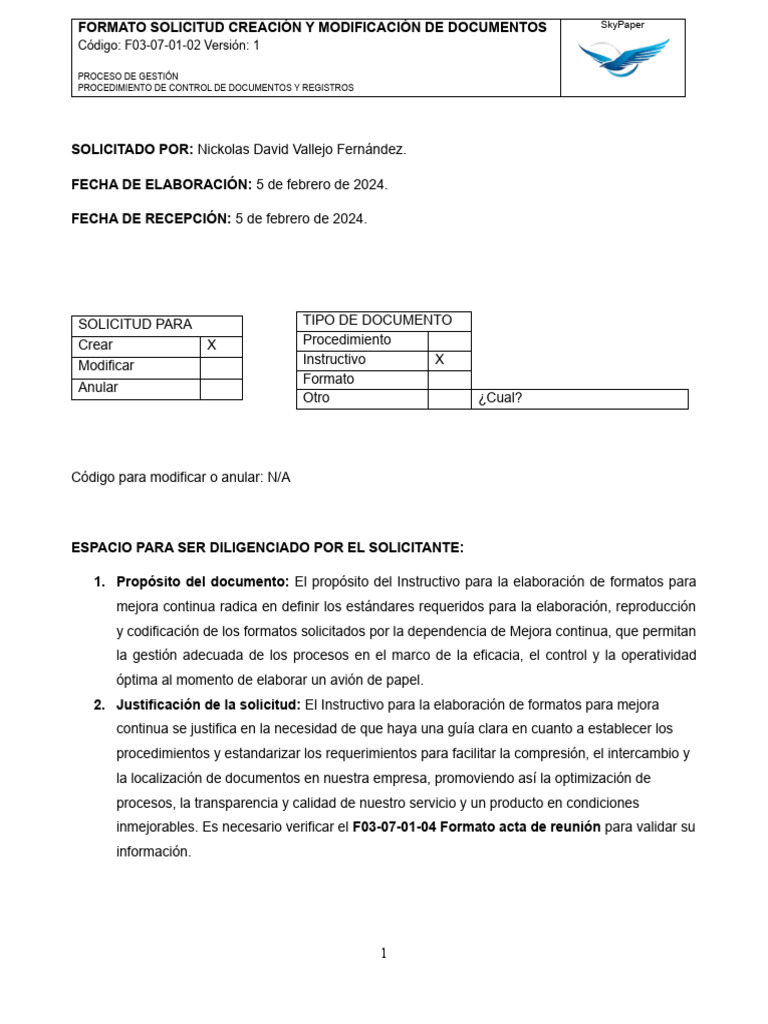 F03-07-01-02 FORMATO SOLICITUD CREACIÓN Y MODIFICACIÓN DE DOCUMENTOS - INSTRUCTIVO PARA LA ...