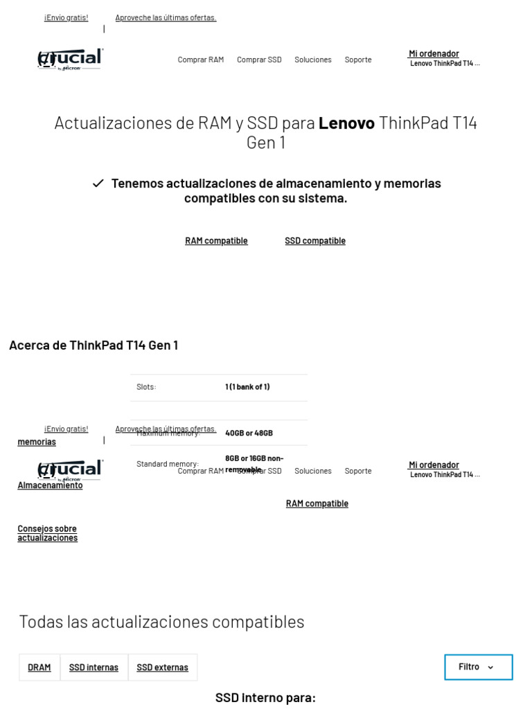 Lenovo ThinkPad T14 Gen 1 - Actualizaciones de SSD - Crucial ES | Descargar gratis PDF | Unidad ...