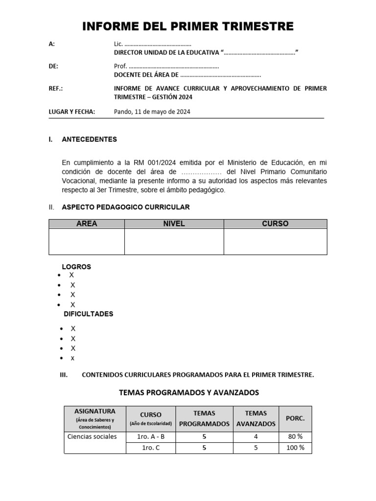 Modelo Informe Primer Trimestre | PDF | Aprendizaje