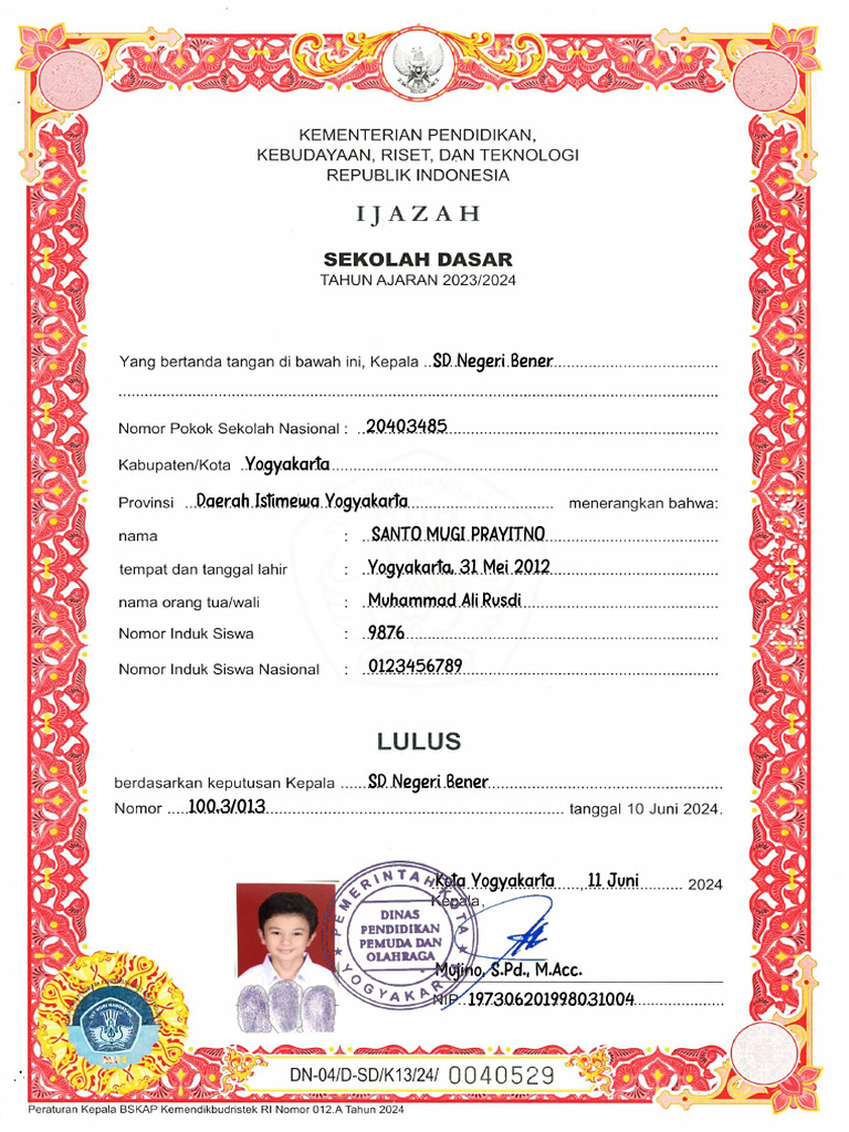 Contoh Penulisan Ijazah SD 2024 | PDF