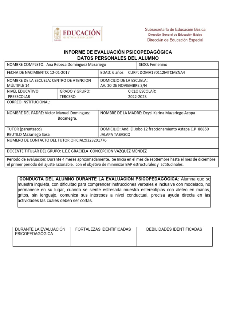 Formato Ev. Psicopedagogica | PDF | Espectro autista | Evaluación