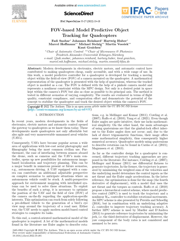 Fov Based Model Predictive Object Tracking For Quadcopters Pdf Field Of View