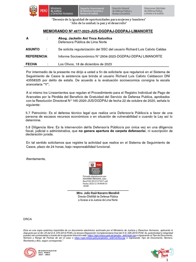 MEMORANDO_004977-2023_JUS-DGDP-DDPAJLIMANORTE.pdf | PDF | Gobierno | Justicia