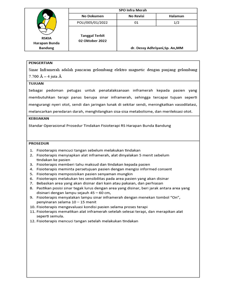 Prosedur Terapi Sinar Inframerah Fisioterapi | PDF
