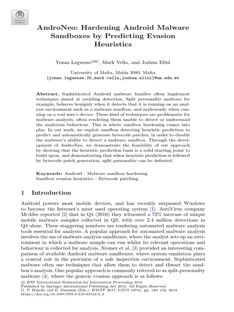 Androneo: Hardening Android Malware Sandboxes by Predicting Evasion Heuristics | PDF | Malware ...