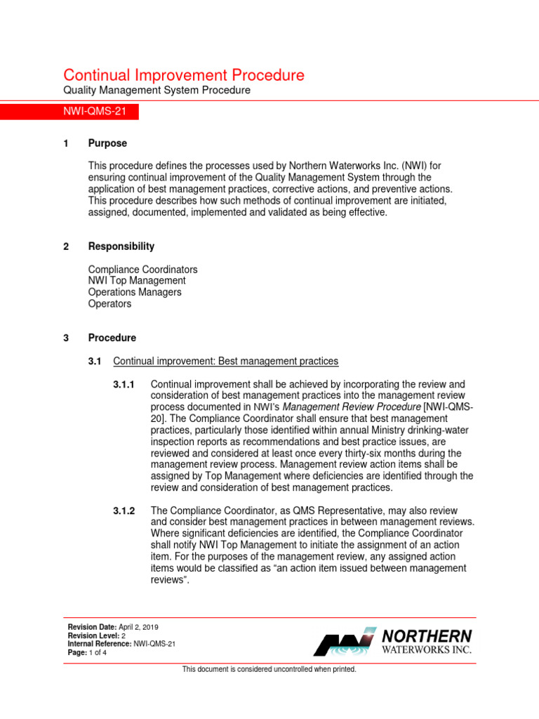 Continual Improvement Procedure NWI QMS 21 | PDF | Business | Quality