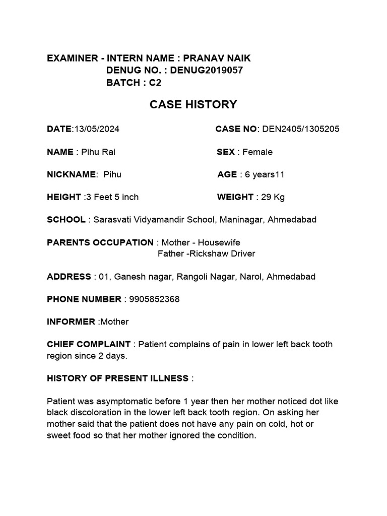 Pranav Pedo Case History | PDF | Mouth | Dentistry