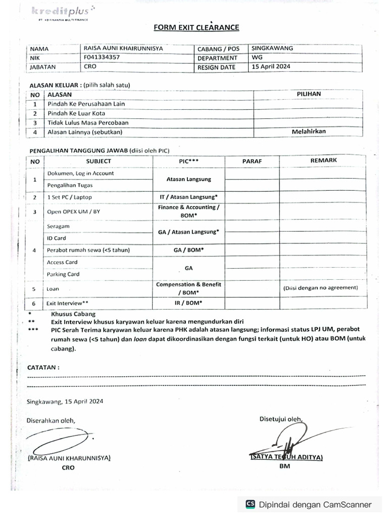 Form Exit CRO Raisa Auni Khairunnisya | PDF