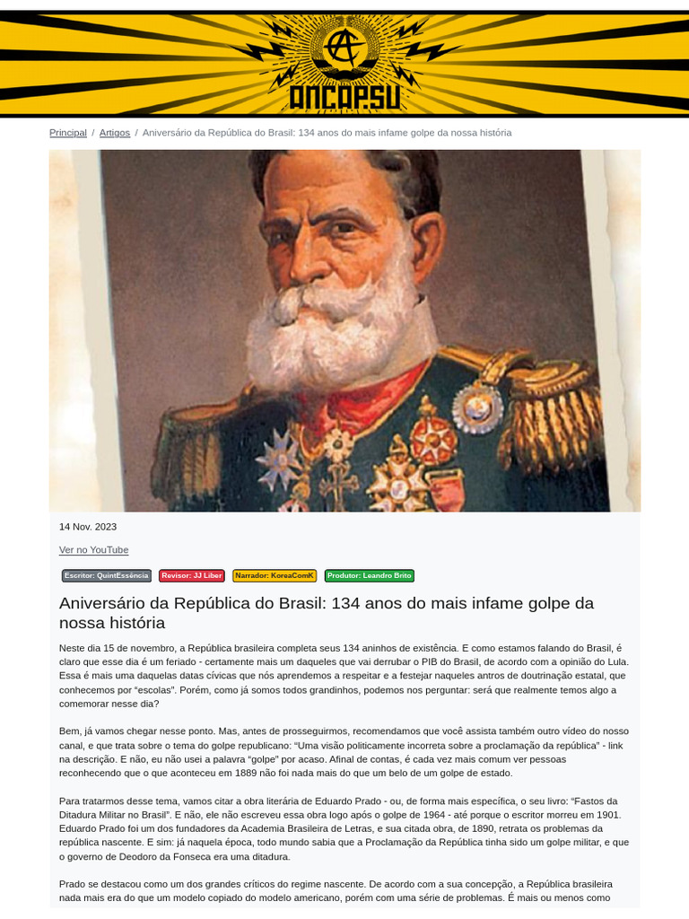 Aniversário Da República Do Brasil: 134 Anos Do Mais Infame Golpe Da Nossa História ANCAP - SU ...
