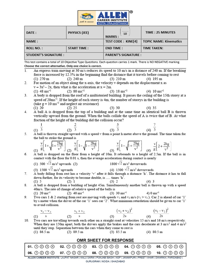 Physics-4_JEE_(Kinematics) | PDF | Speed | Kinematics
