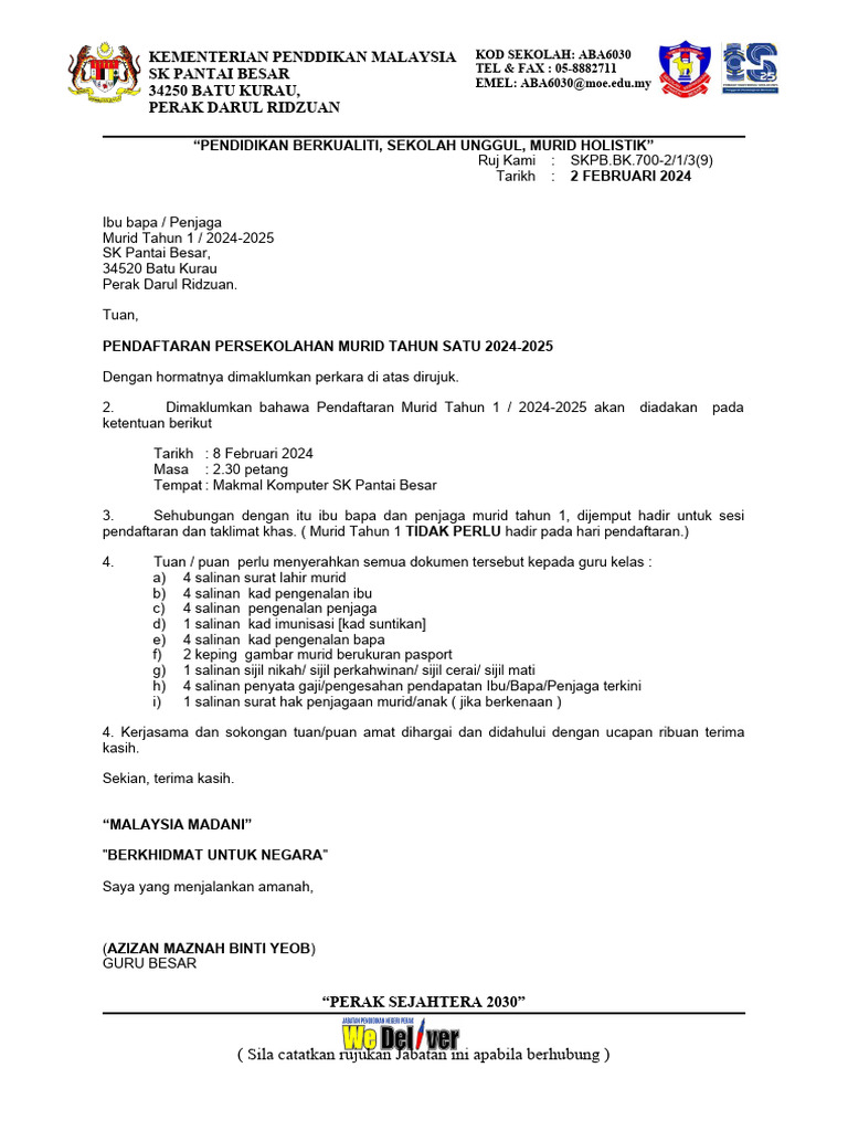 Surat - Pendaftaran Tahun 1 | PDF