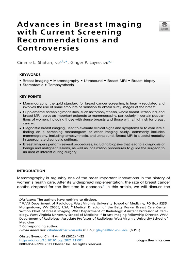 advances in breast imaging with current screening recommendations and ...