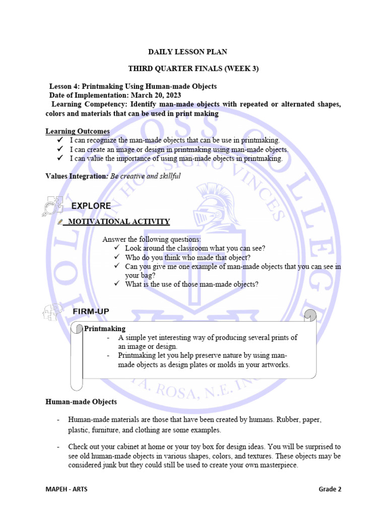 Grade 2 Lesson 4 Arts | PDF | Printmaking | Composition (Visual Arts)