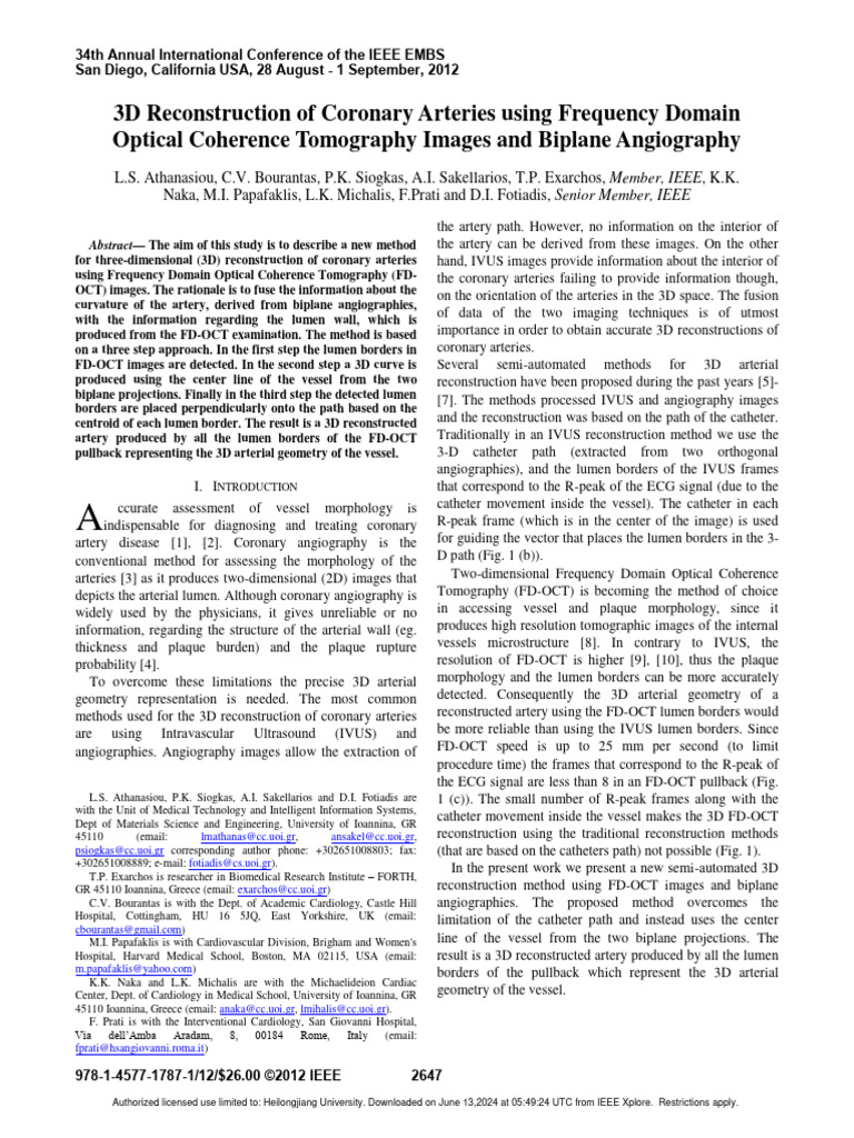 3D Reconstruction of Coronary Arteries Using Frequency Domain Optical Coherence Tomography ...