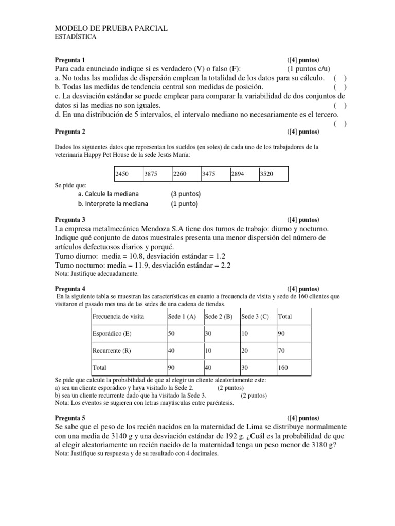 Modelo de Parcial Estadistica | Descargar gratis PDF | Desviación Estándar | Media