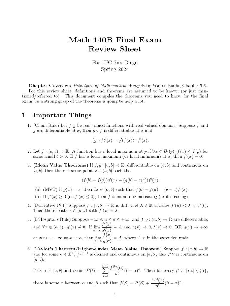 Math 140b Review Sheet Pdf Fourier Series Mathematics 