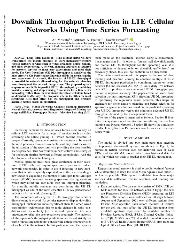 Downlink Throughput Prediction in LTE Cellular Networks Using Time Series Forecasting | PDF ...