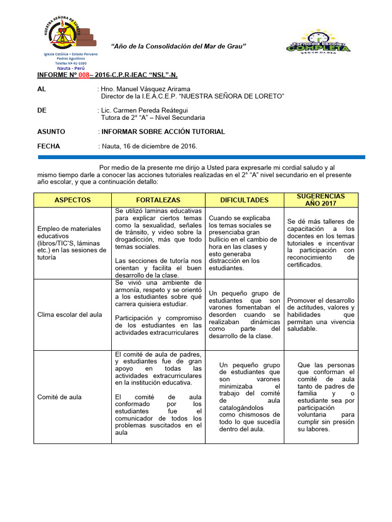 Informe de Accion Tutorial 2016 | PDF | Salón de clases