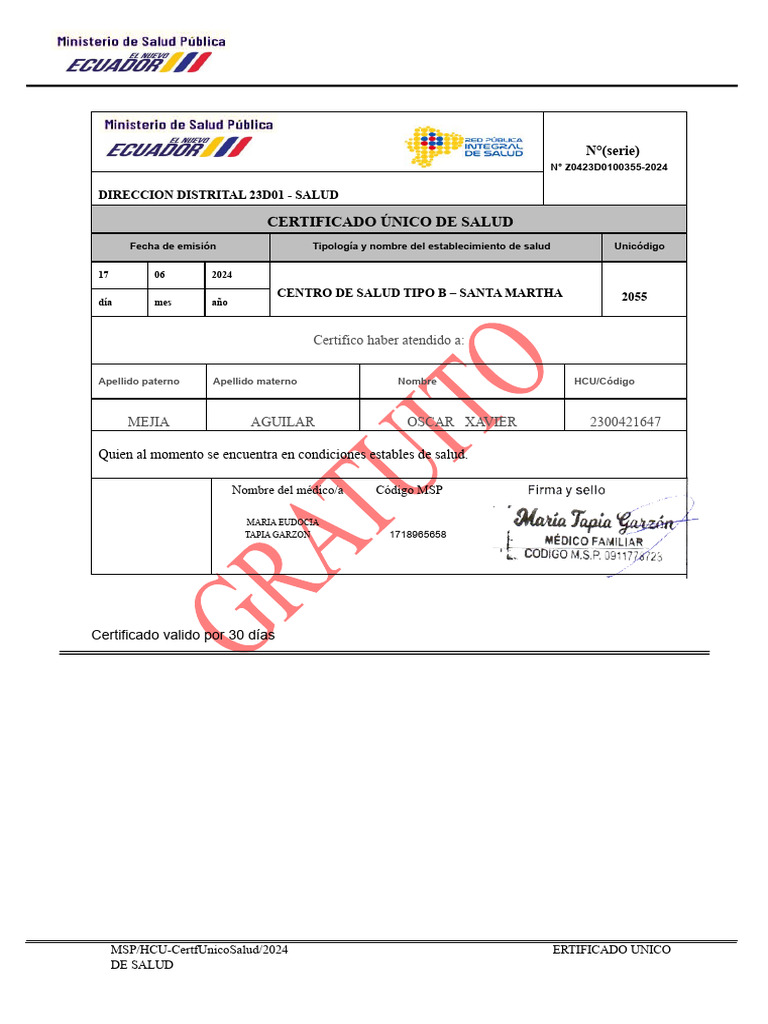 Certificado Medico MSP | PDF