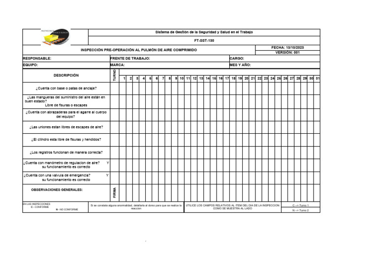 Ft-sst-130 Formato de Inspección Pre-Operacional Al Pulmón de Aire ...