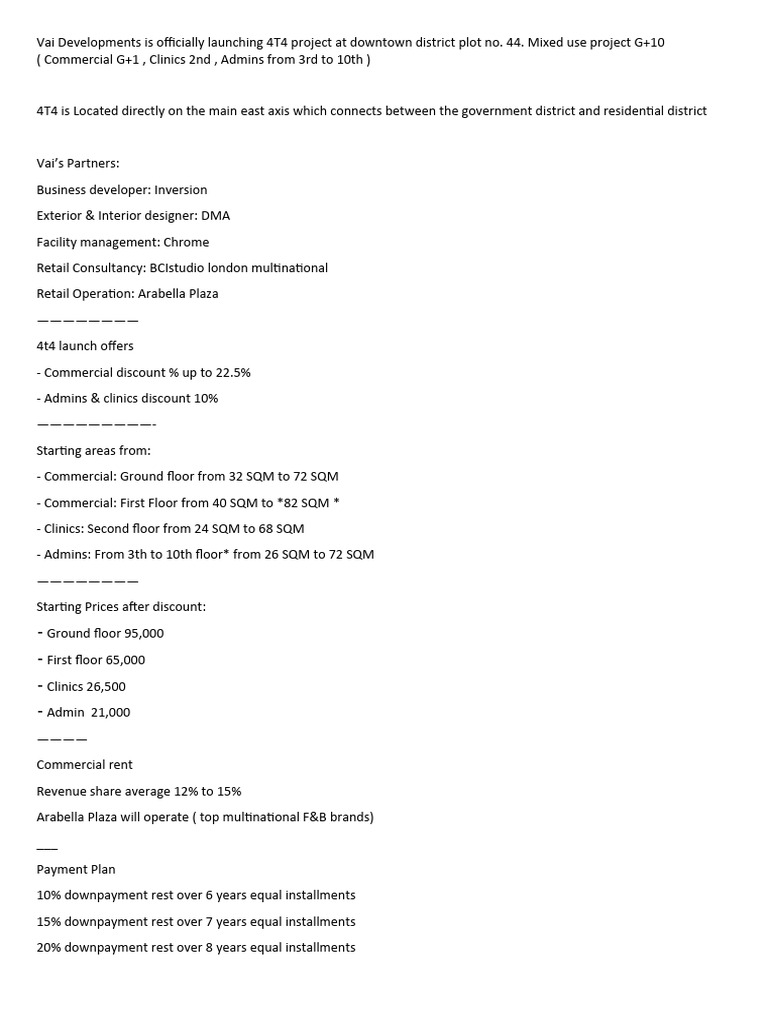 Vai Developments Is Officially Launching 4T4 Project at Downtown District Plot No. 44. Mixed Use ...