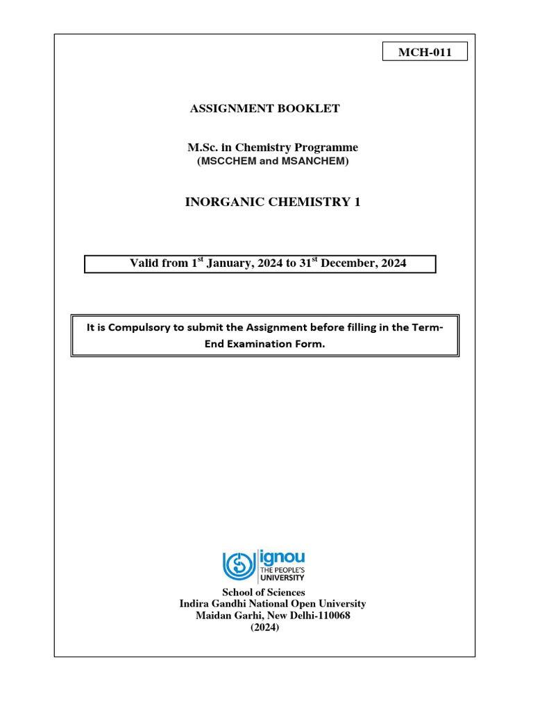 Assignment MCH-011 (Eng) 2024 For Prog MSCCHEM and MSANCHEM | PDF ...