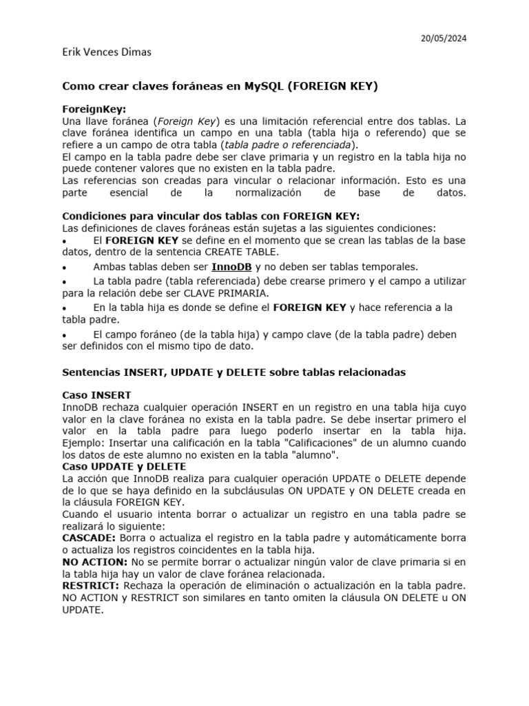 Como Crear Claves Foráneas en MySQL | PDF | Gestión de datos | Informática