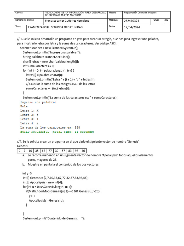 Examen Java: Arreglos y Vectores | PDF | Desarrollo de software ...
