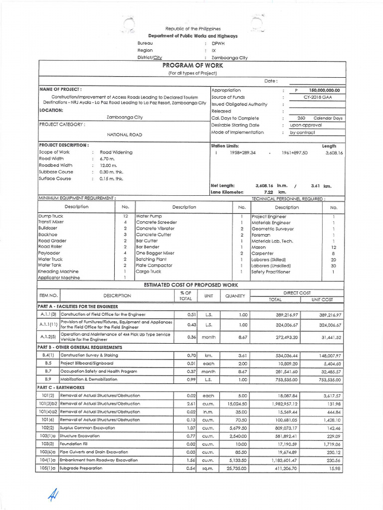 DPWH Road Pow 18j00013 (Dupa) | PDF