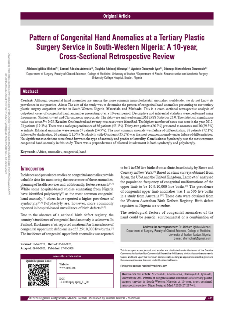 Pattern of Congenital Hand Anomalies at a Tertiary.14 | PDF | Health ...